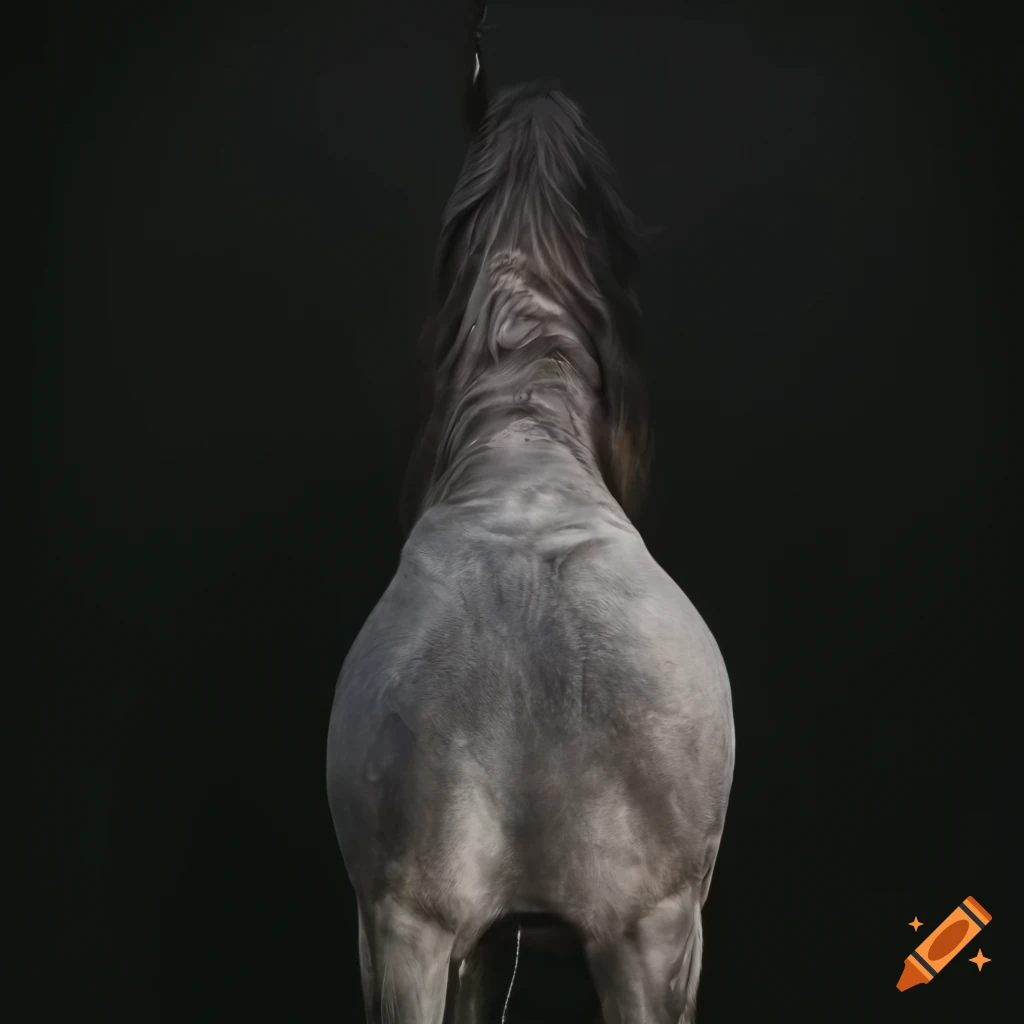 Grey heavy horse standing with lifted tail in rear view on Craiyon