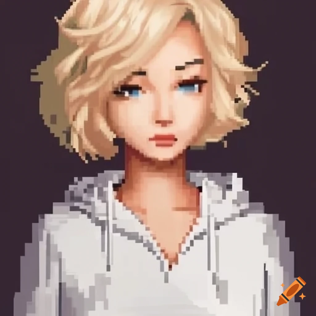 Pixel art of a woman with blonde medium short hair in a white hoodie on ...