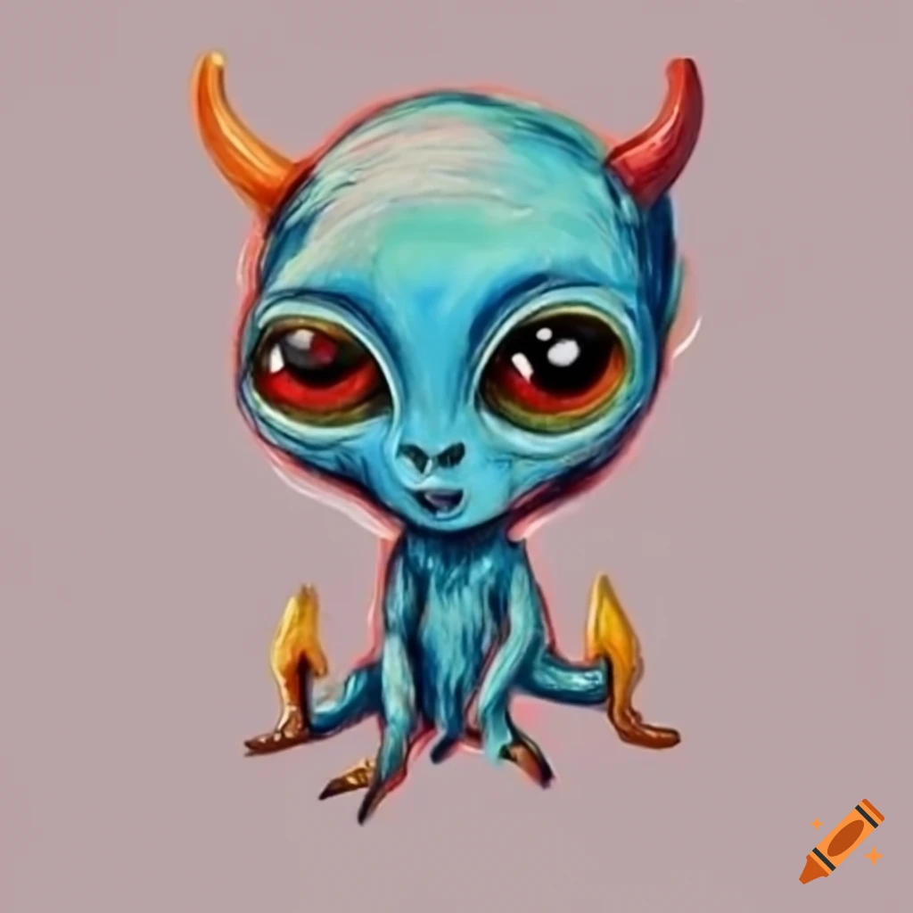Baby alien with yellow horns, blue fur, and red eyes on Craiyon