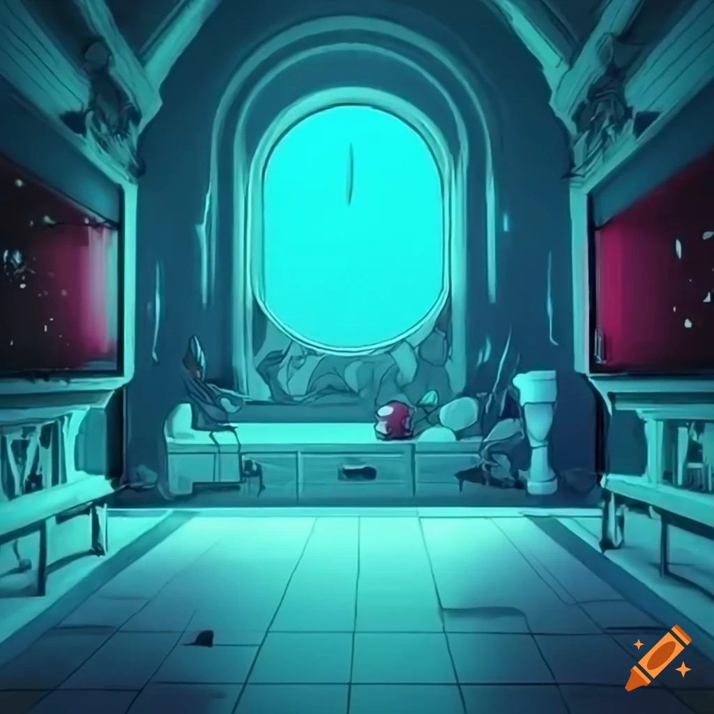 High definition anime-style room interior in cyan and magenta light on ...