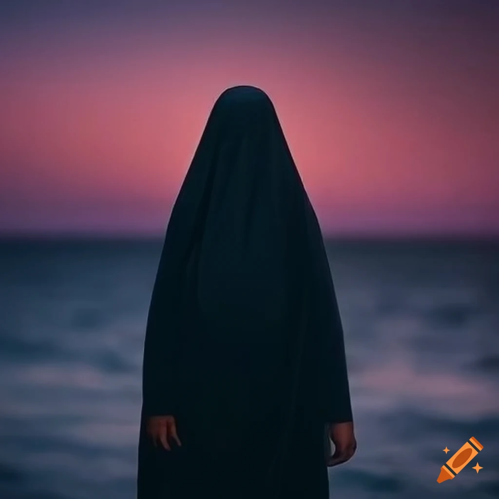 Girl in black burqa standing near the sea at night on Craiyon
