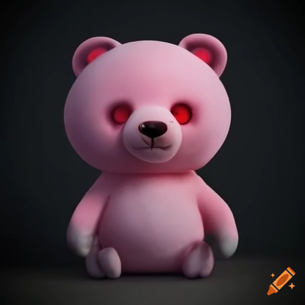 Pink spherical bear with glowing red eyes and sharp teeth on Craiyon