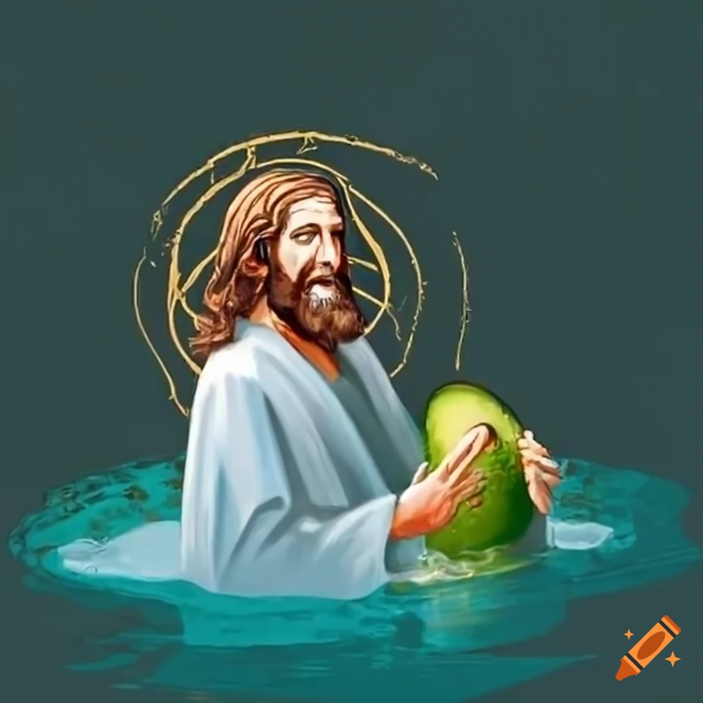 Religious depiction of jesus performing a baptismal on an avocado on ...