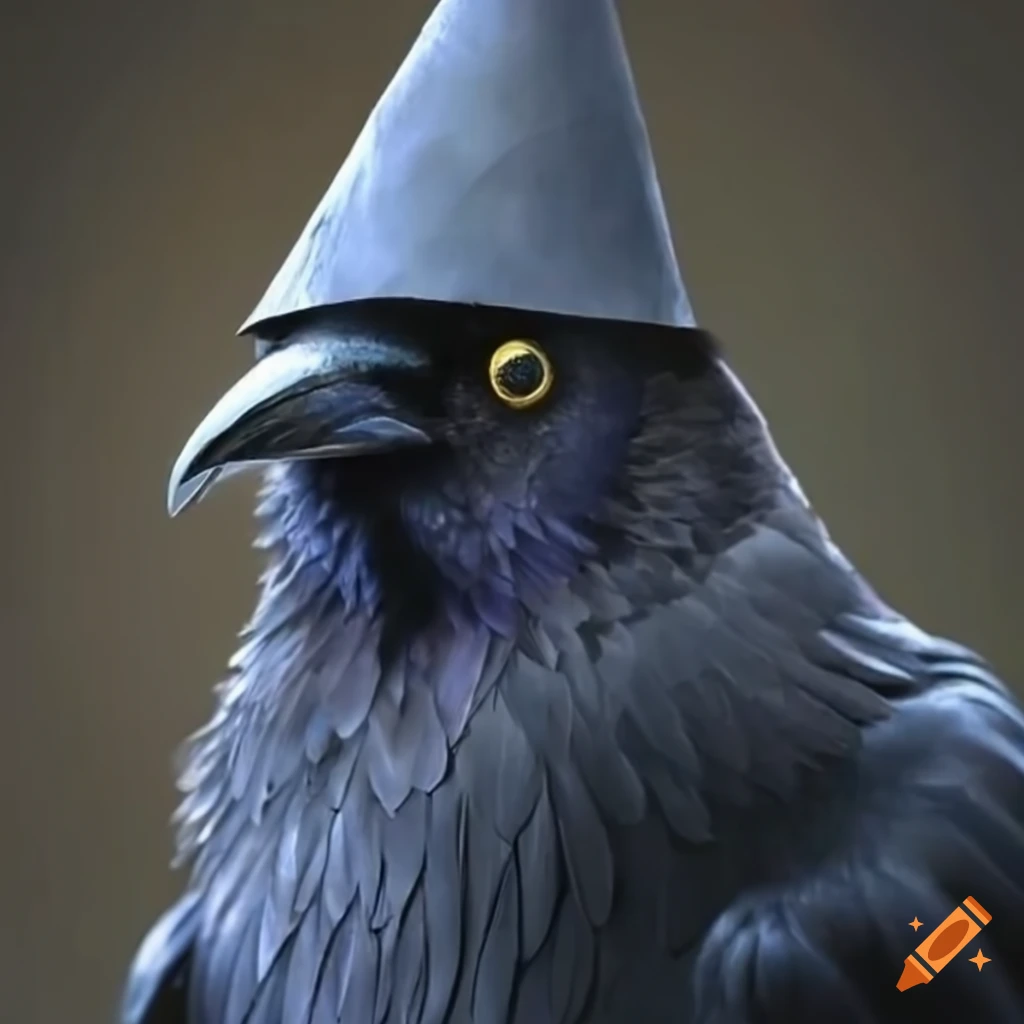 Crow wearing a wizard hat made of tape on Craiyon
