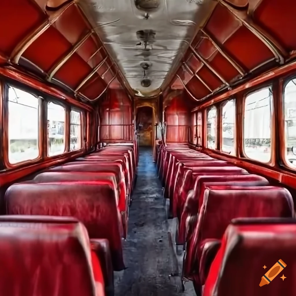 Interior of an old railway coach with red leather seats on Craiyon