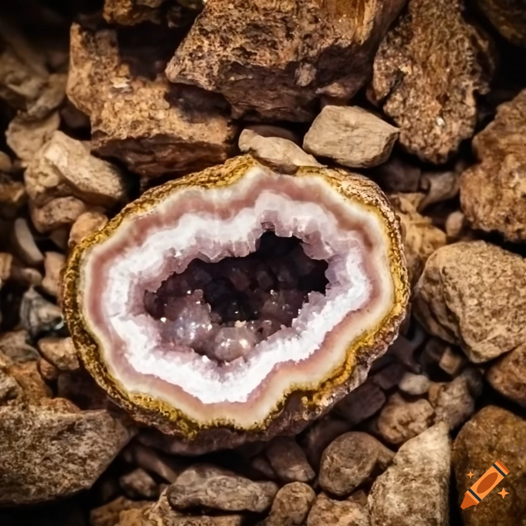 Round geode with small rocks in a sandy/rocky background on Craiyon
