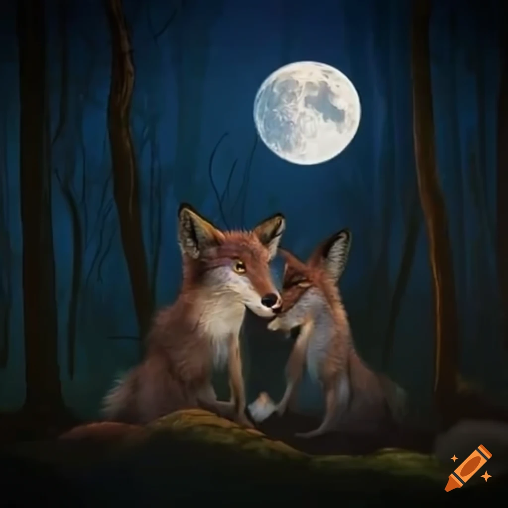 Fox, wolf, and moth having a tea party in the woods under the shining ...