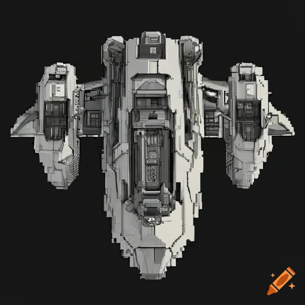 Top-down view of a sci-fi style space ship in dark background on Craiyon