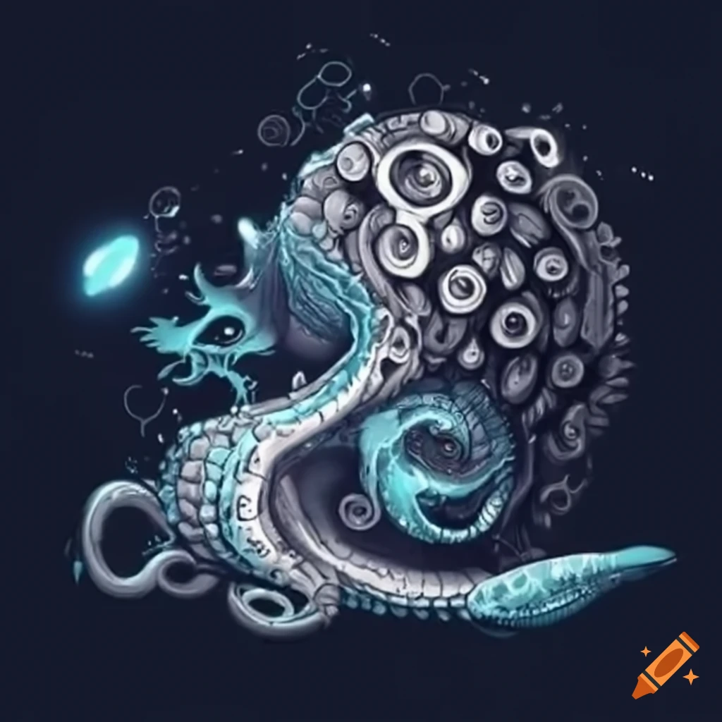 Mythical sea creatures with futuristic mechanical gear and smooth ...