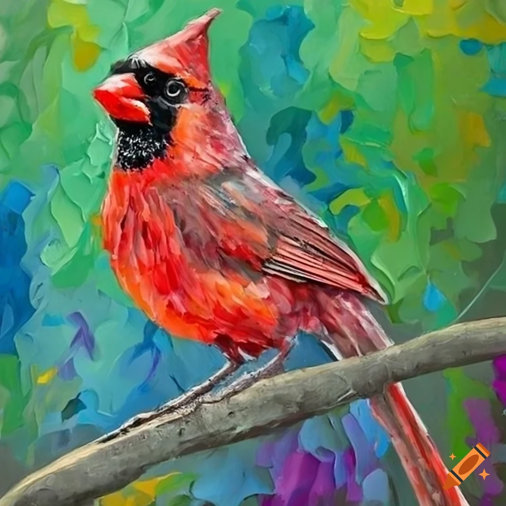 Colorful abstract knife painting of a northern cardinal on a branch on ...
