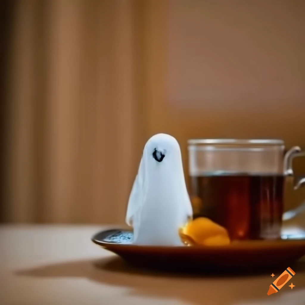 Ghost enjoying tea in a comfortable house in an oil painting on Craiyon