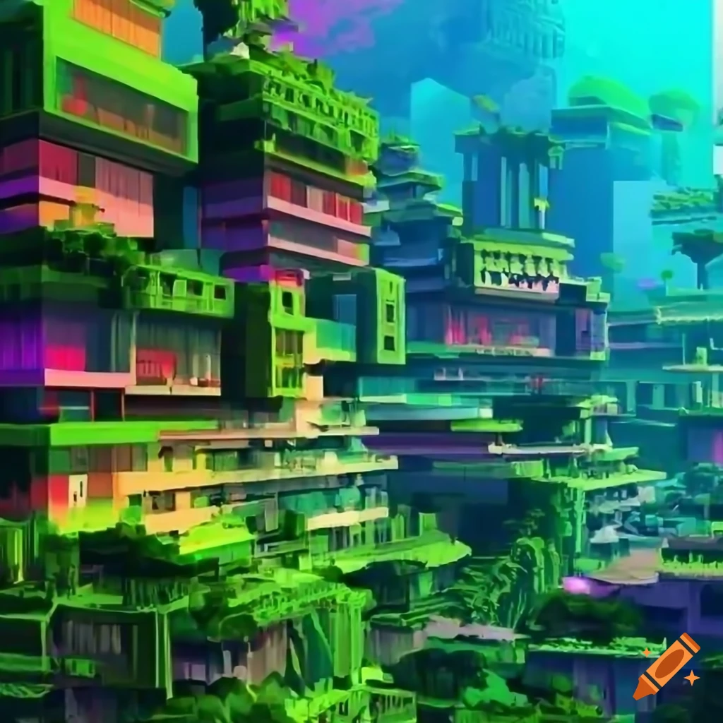 Pixelated digital landscape blending buildings and jungle surroundings ...