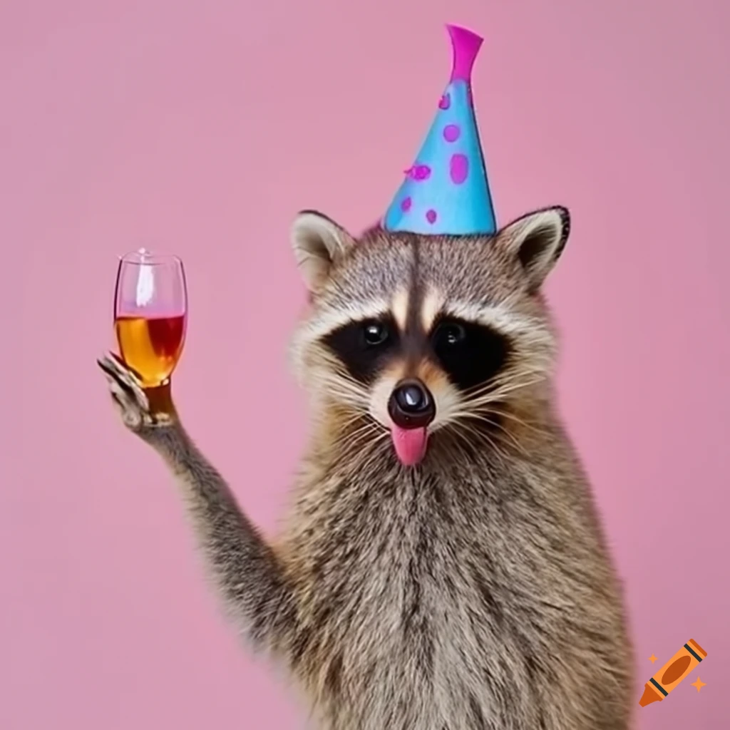 Raccoon with pink sunglasses and party hat holding wine on Craiyon