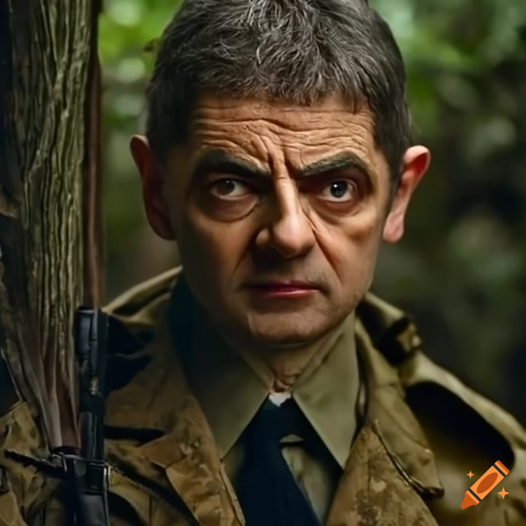 Rowan atkinson in soldier jacket in jungle fortress on Craiyon