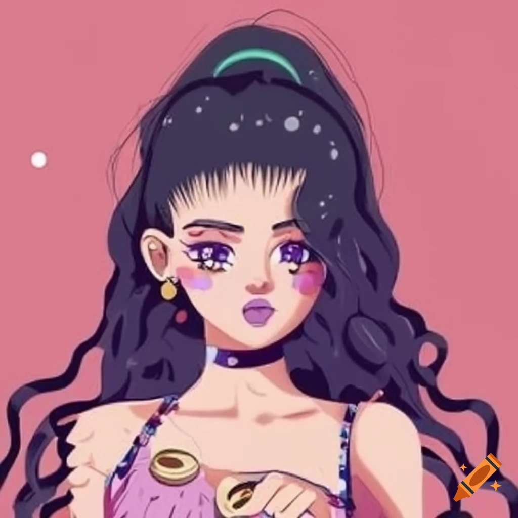 Anime girl with olive skin and long wavy hair in punk clothes on Craiyon