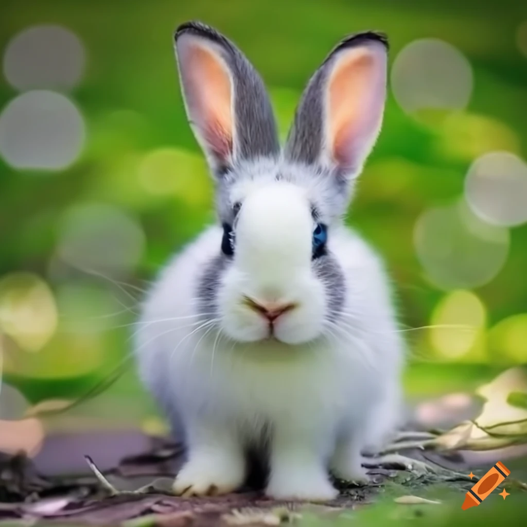 Cute gray and white baby rabbit with forest bokeh in the background on ...