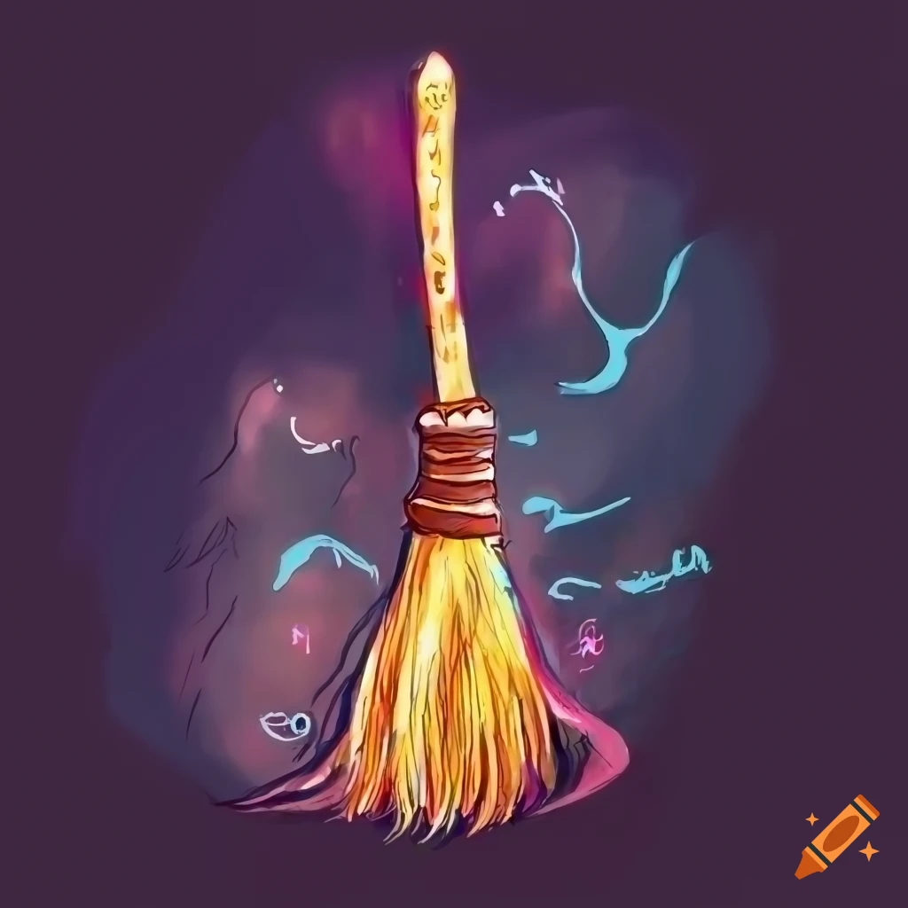 Drawing of a magic broomstick in an illuminated hogwarts theme on Craiyon