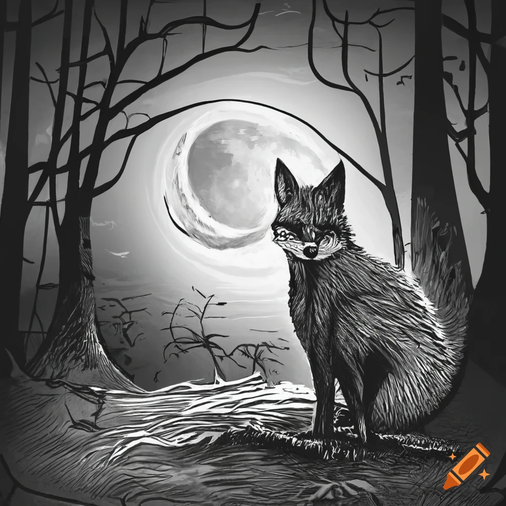 Fox in a spooky forest clearing under the moonlight in a black and ...