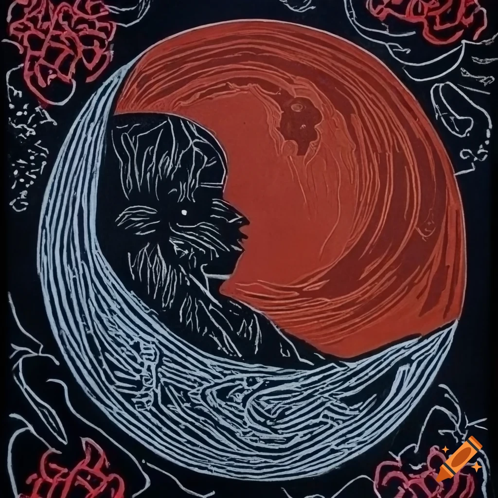 Full moon in linocut print on Craiyon