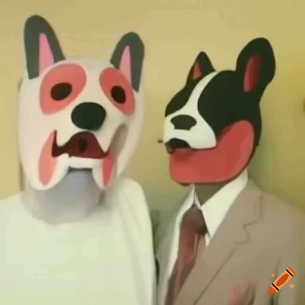 Two men wearing cartoon dog masks in a decorative room on Craiyon