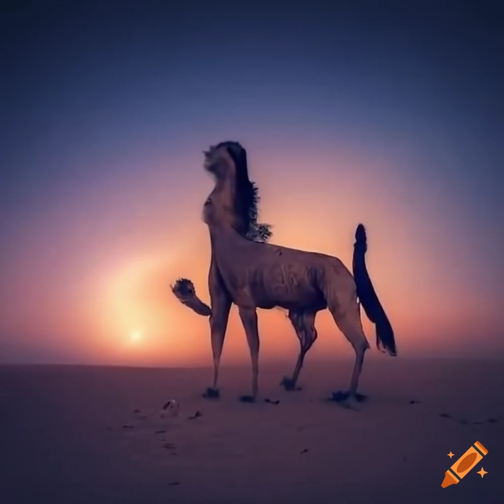Proud centaur camel in the arid desert landscape with an ethereal ...