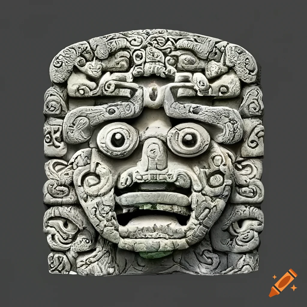 Mayan glyph carving of a frownie emoji on weathered stone in full sun ...