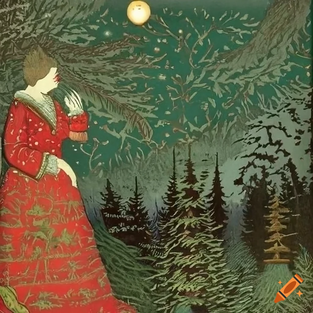 Highly detailed Christmas Tree made of feathers in a festive forest ...