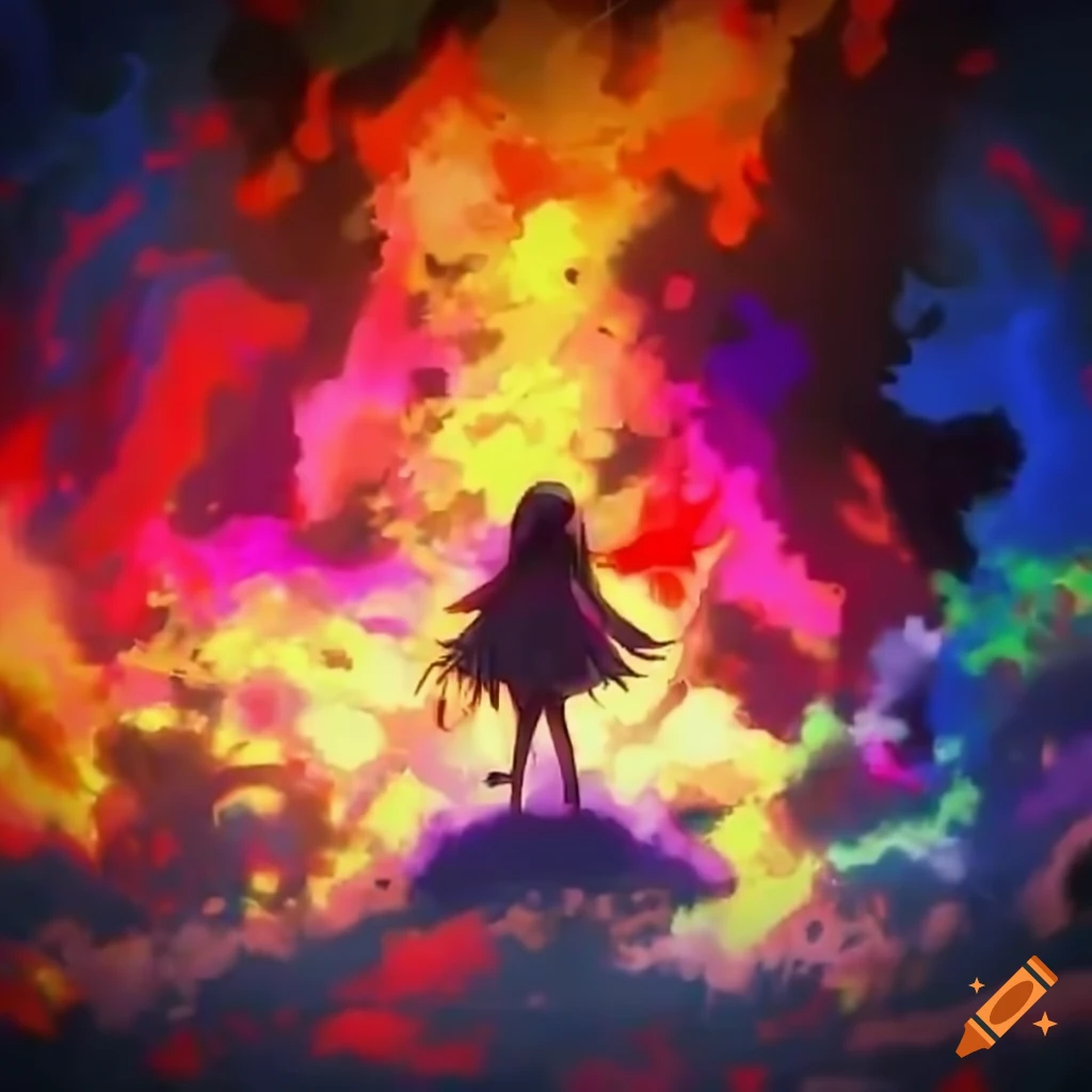 Anime girls in combat with colorful explosions in the background on Craiyon
