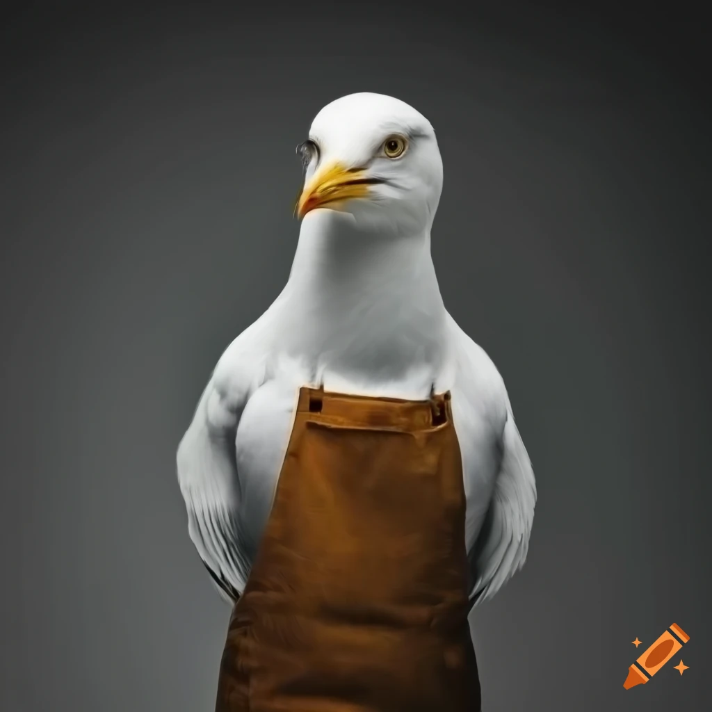 Seagull with printer's apron next to a printing press on Craiyon