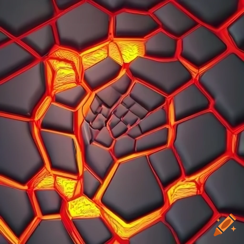 Digital 3D rendering of exploding lava core with geometric hexagons on Craiyon