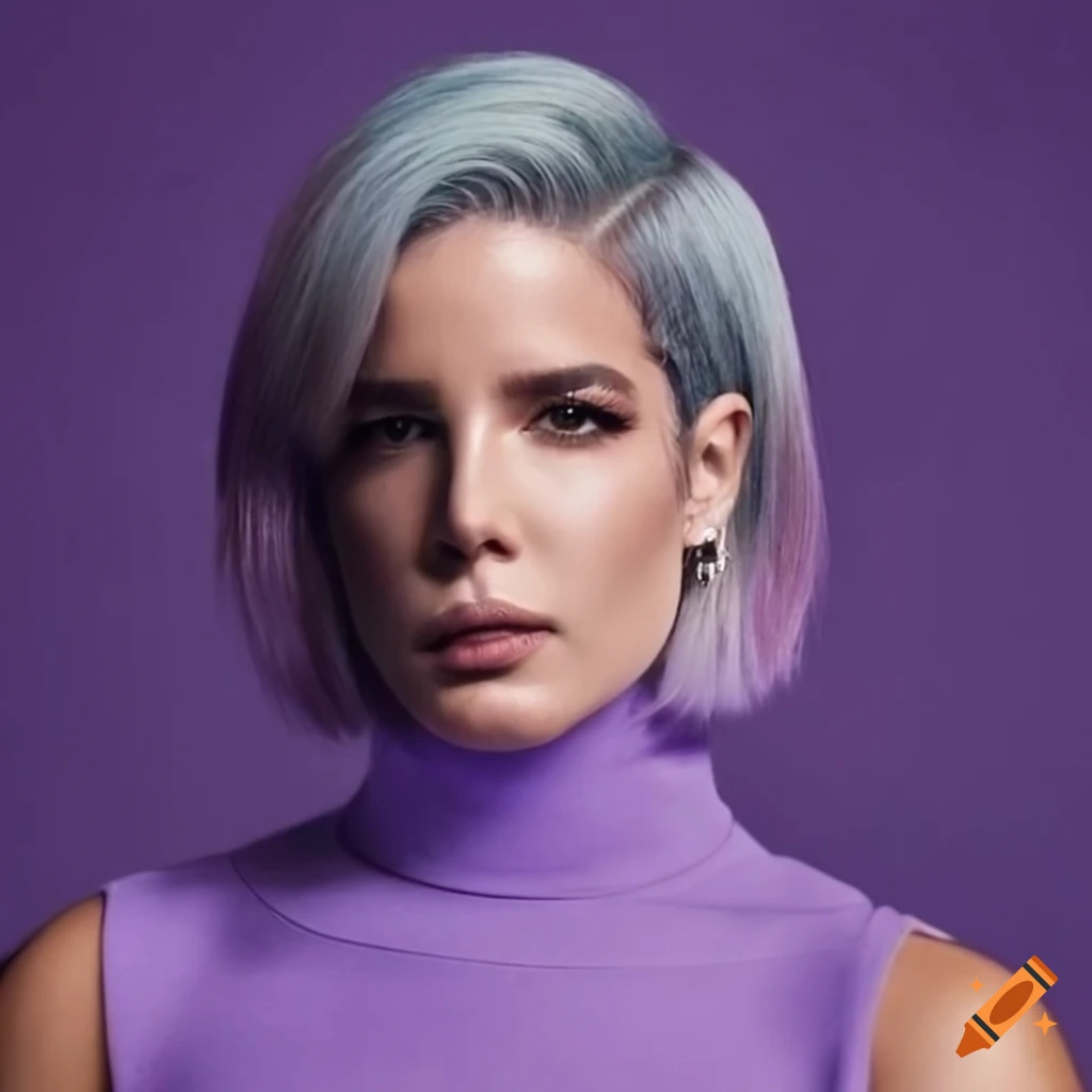 Halsey with straight bob haircut and gray turtleneck on purple ...