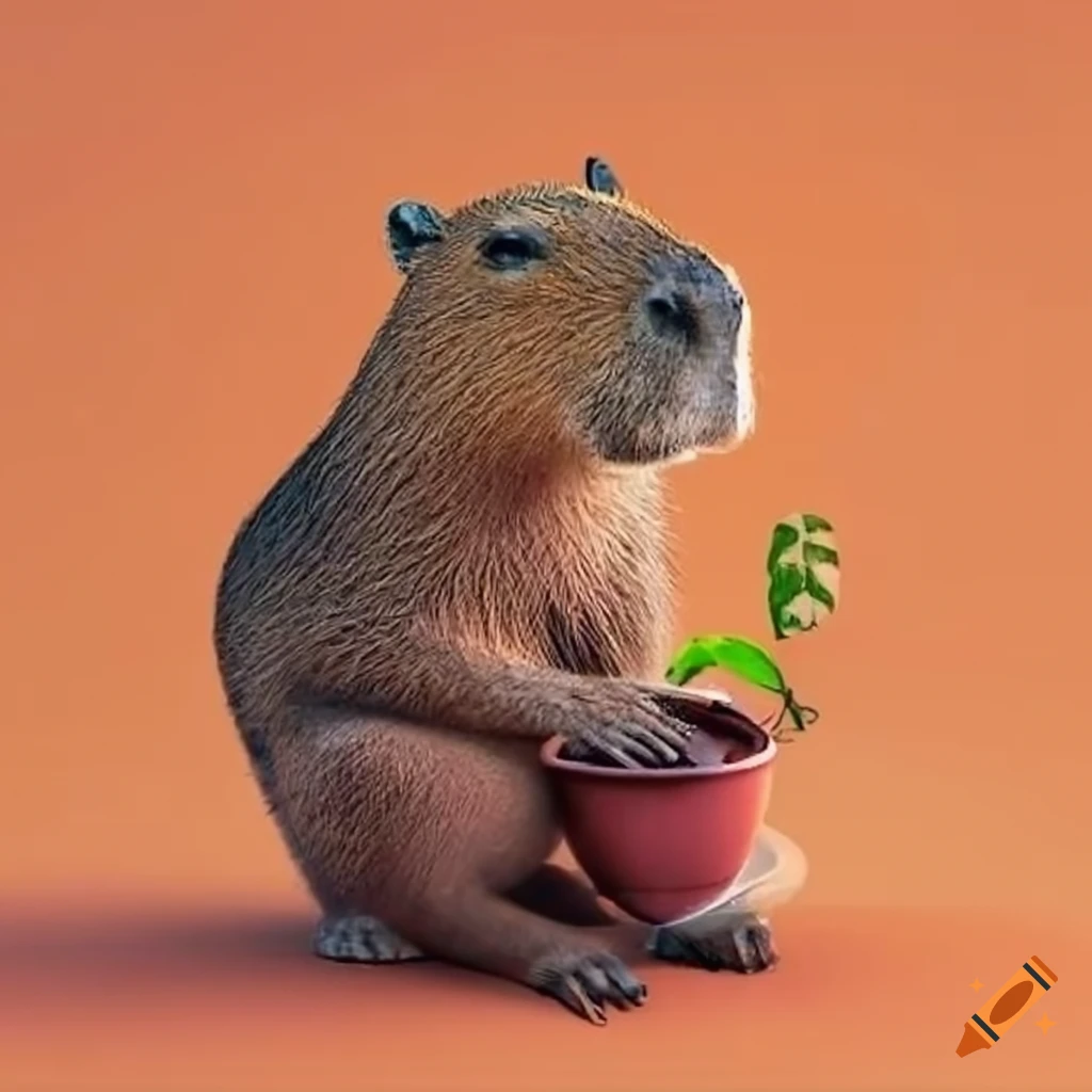 Capybara holding a pot with a plant on Craiyon