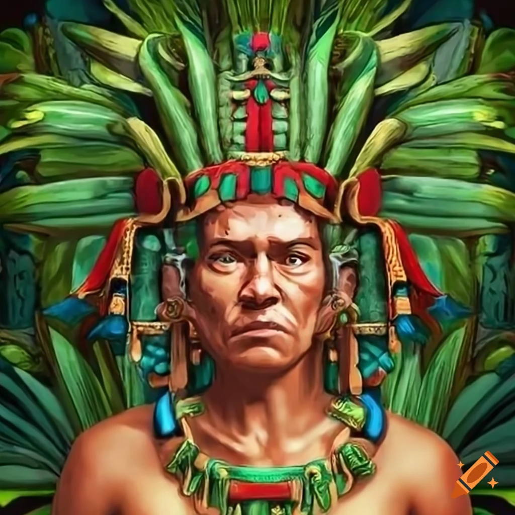 Aztec king in a jungle with emeralds on Craiyon