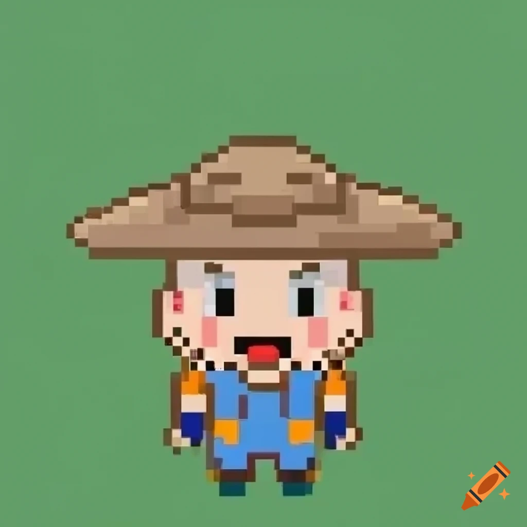 Adorable 2D farmer character in vibrant top-down pixel art on Craiyon