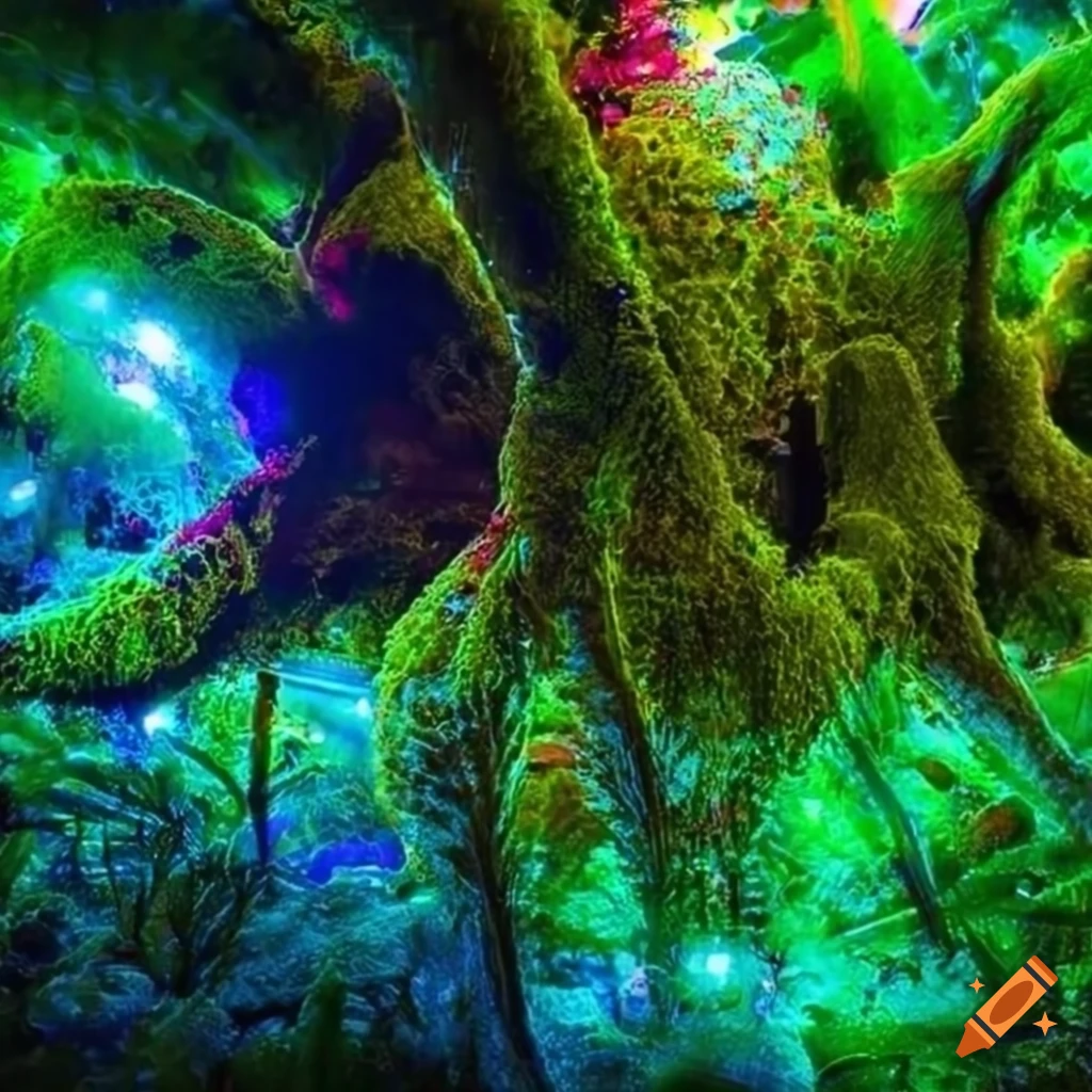 Colorful biopunk cityscape with glowing plants and architecture on Craiyon