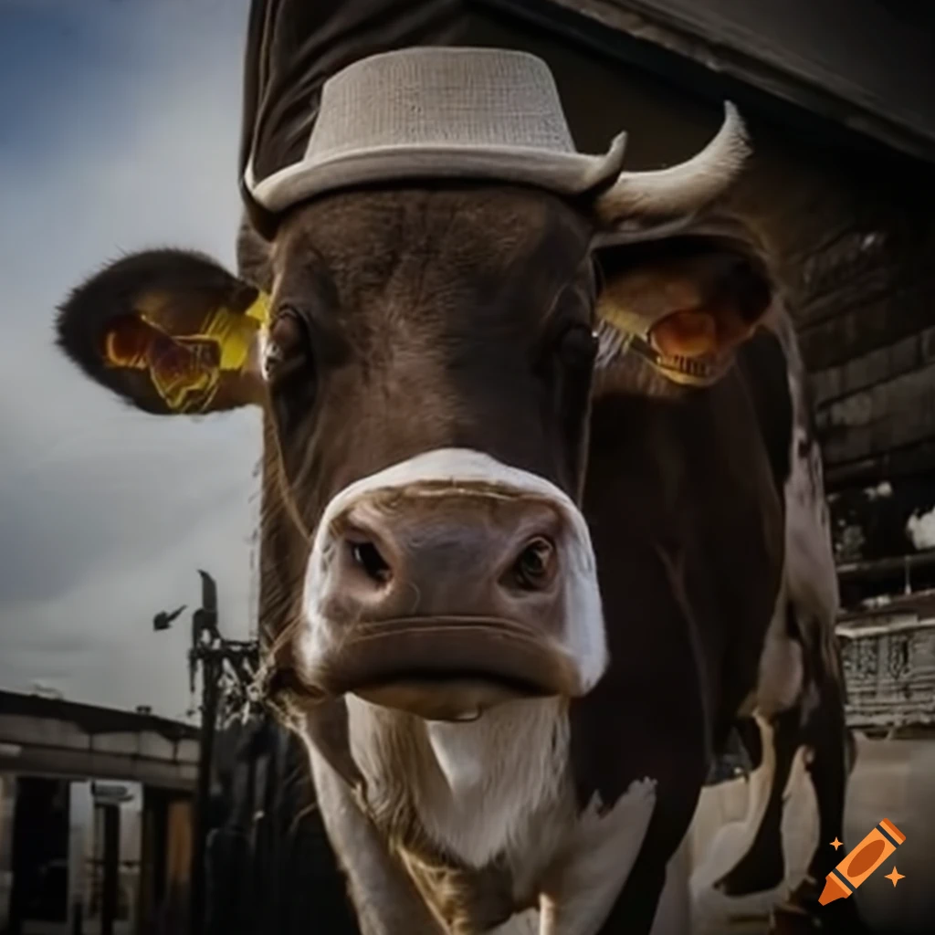Cow with a hat in a city setting on Craiyon