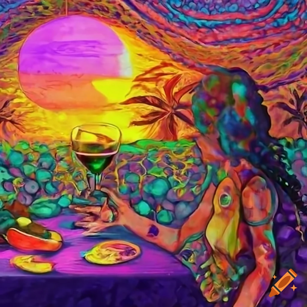 Psychedelic sunset painting with a grape farm, cannabis, and various ...