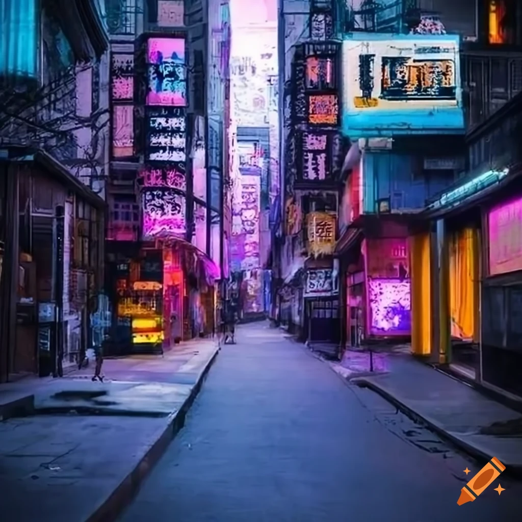 Cyberpunk city street with surrounding buildings on Craiyon