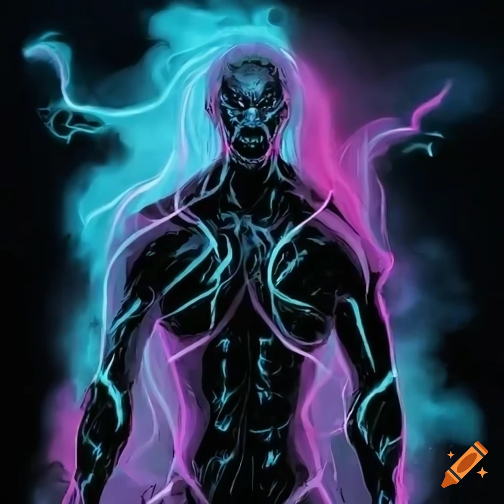 Majestic black plasma human with floating human-like creatures and ...