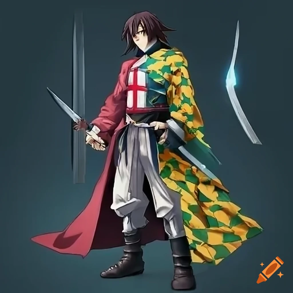 Giyuu tomioka fused with trevor belmont in templar knight armor with buster sword on Craiyon