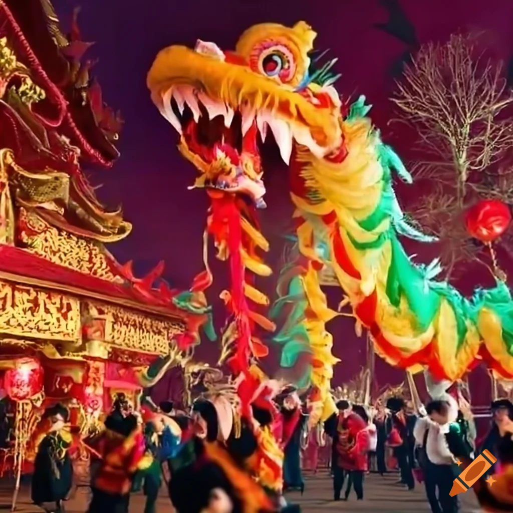 Colorful dragon celebrating chinese new year with happy people on Craiyon