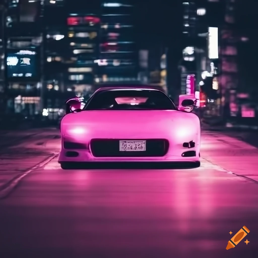 Pastel pink rx7 fd drifting through tokyo at night on Craiyon