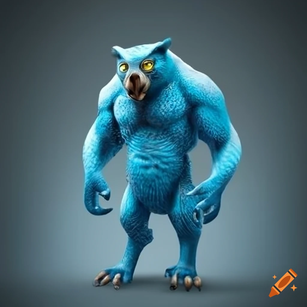 Massive blue humanoid owlbear standing on Craiyon