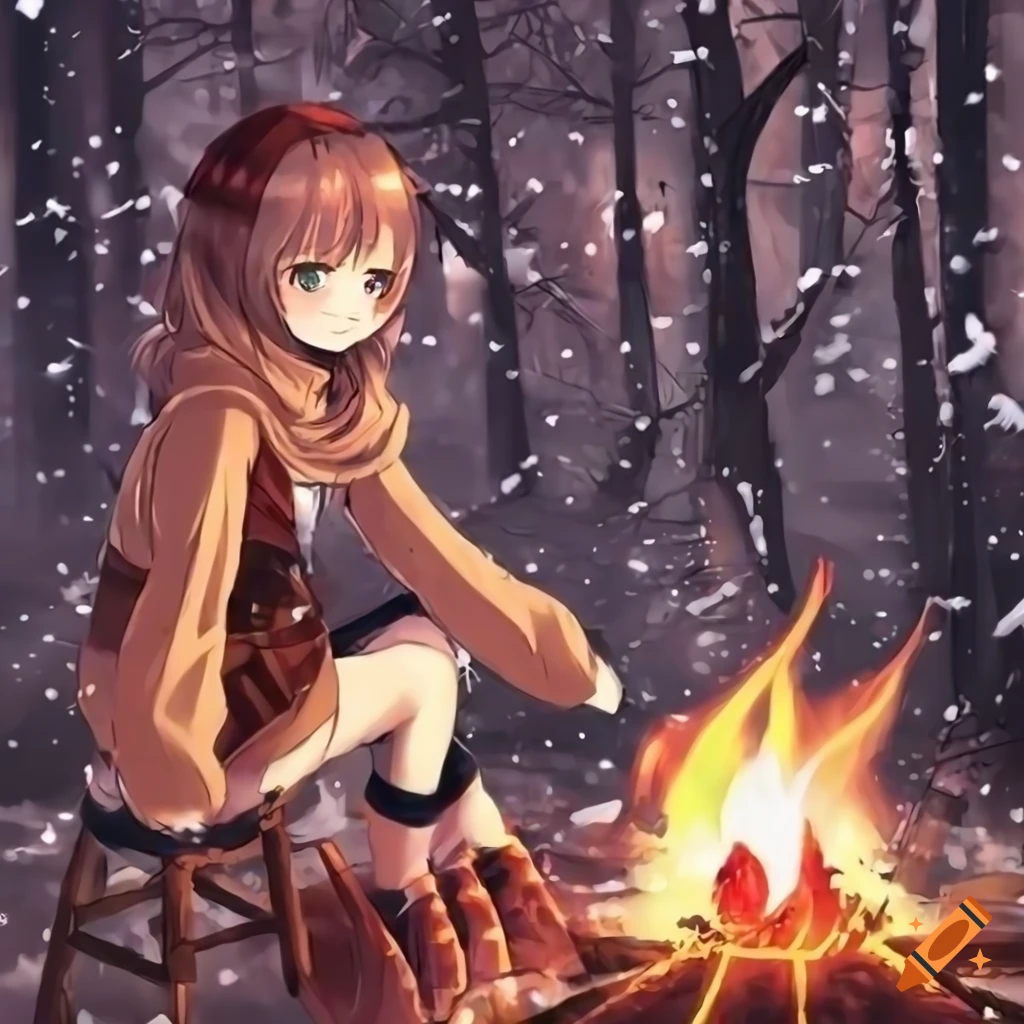 Anime girl with brown hair and amber eyes camping by a bonfire in a ...