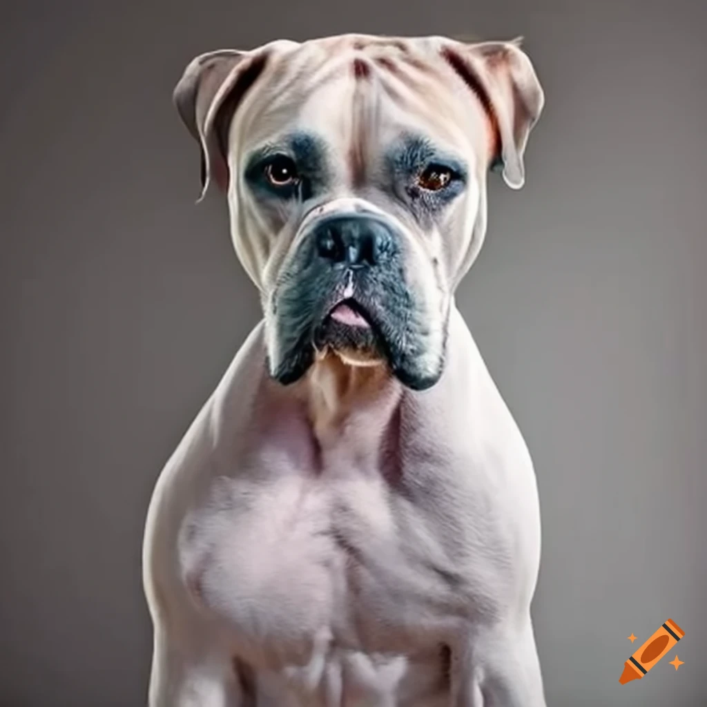 Muscular white boxer dog ready to fight on Craiyon