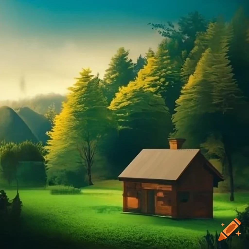 Simple nature landscape with a wooden detached house on Craiyon