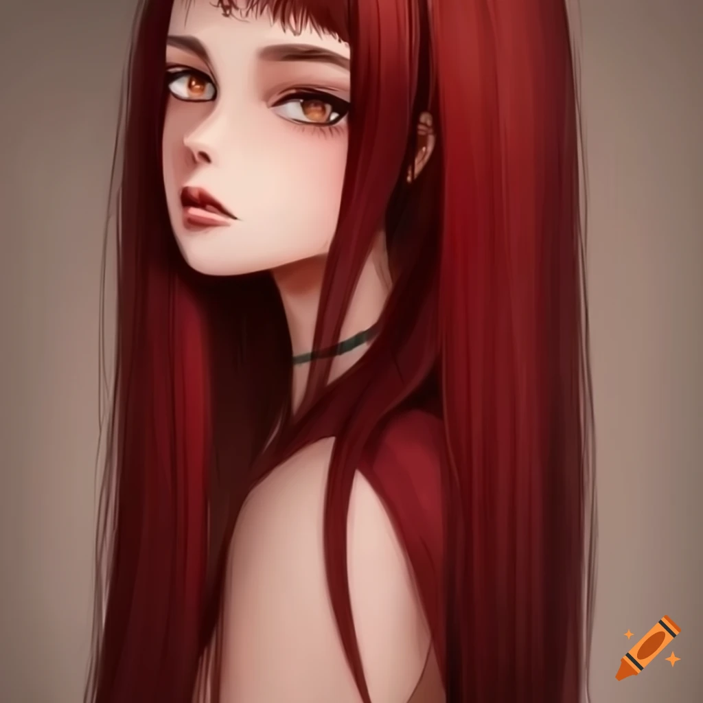 Portrait of a girl with unique features and long maroon hair on Craiyon