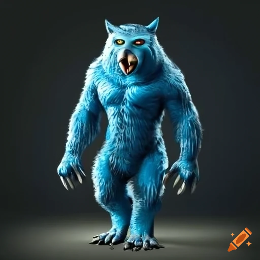Massive blue humanoid owlbear standing on Craiyon