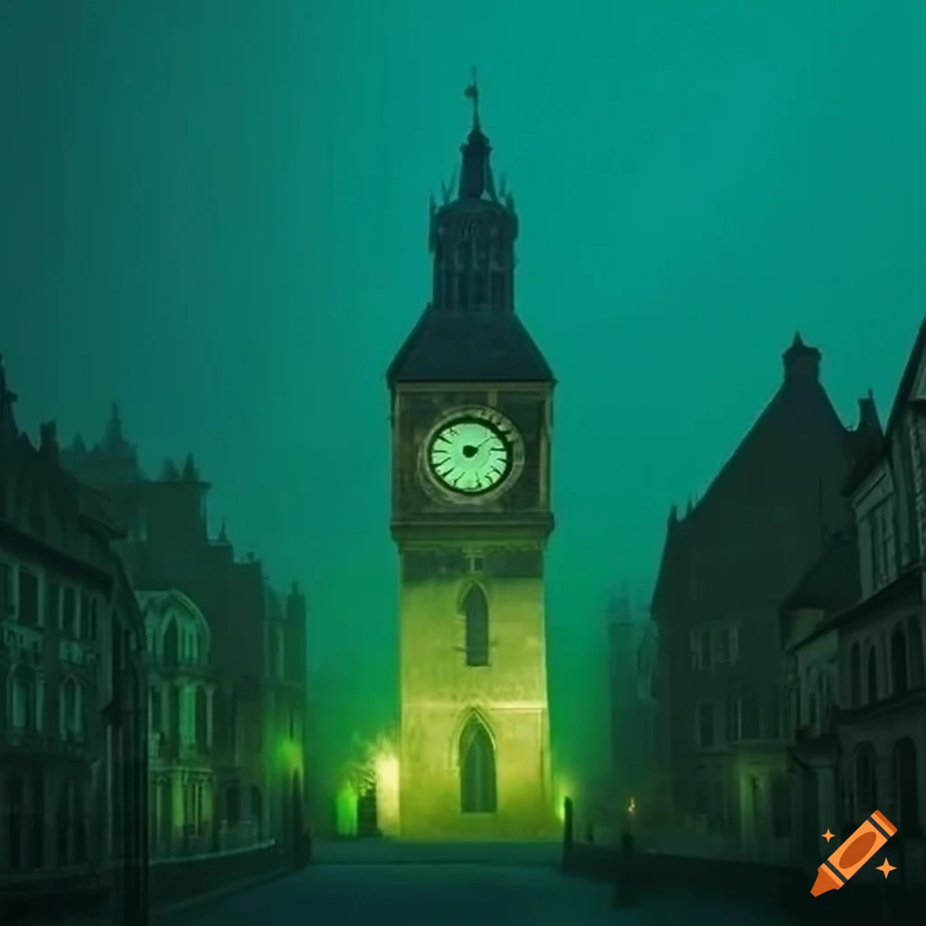 Gothic town illuminated in green with fog and a clock tower on Craiyon