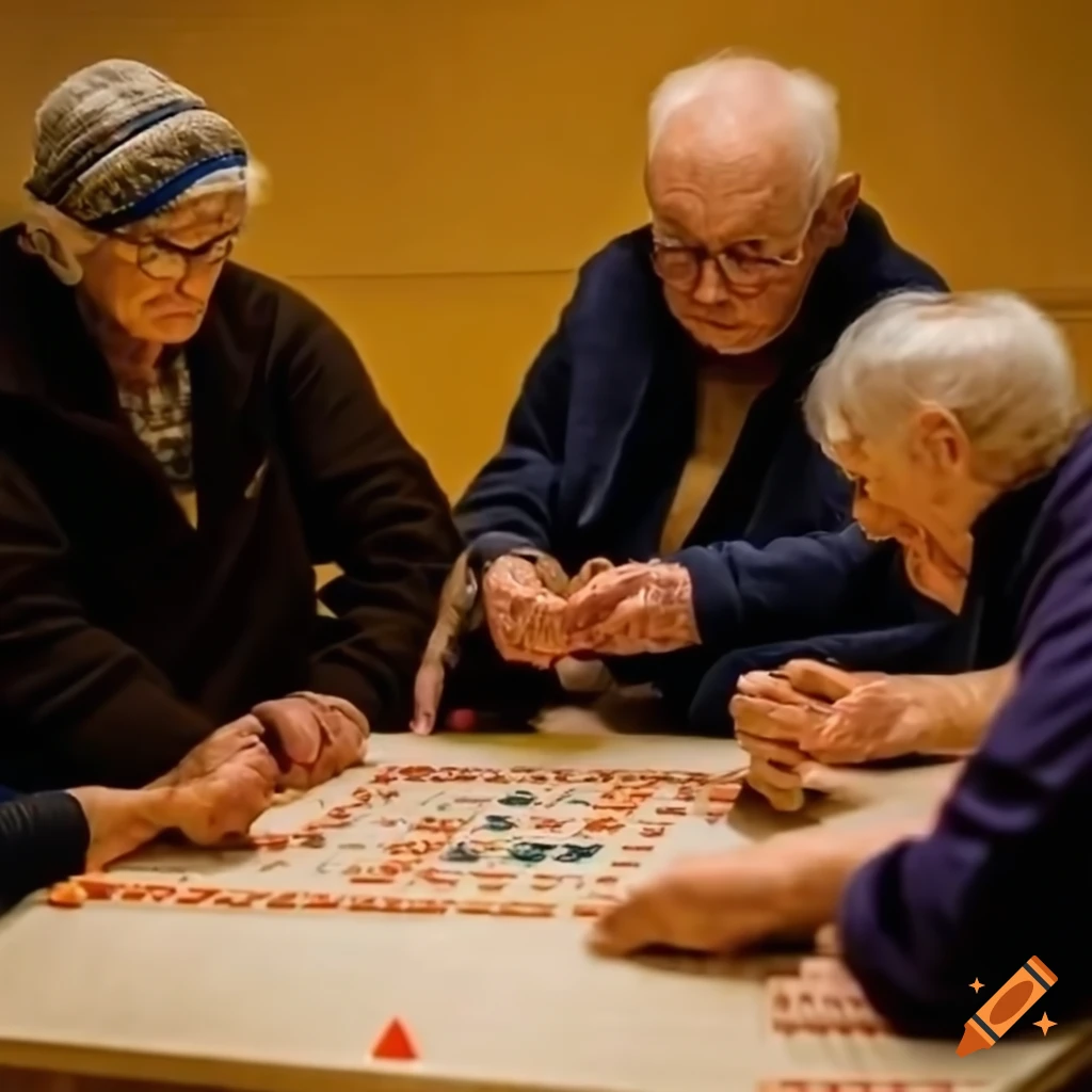 Elderly people playing Scrabble in a community center on Craiyon
